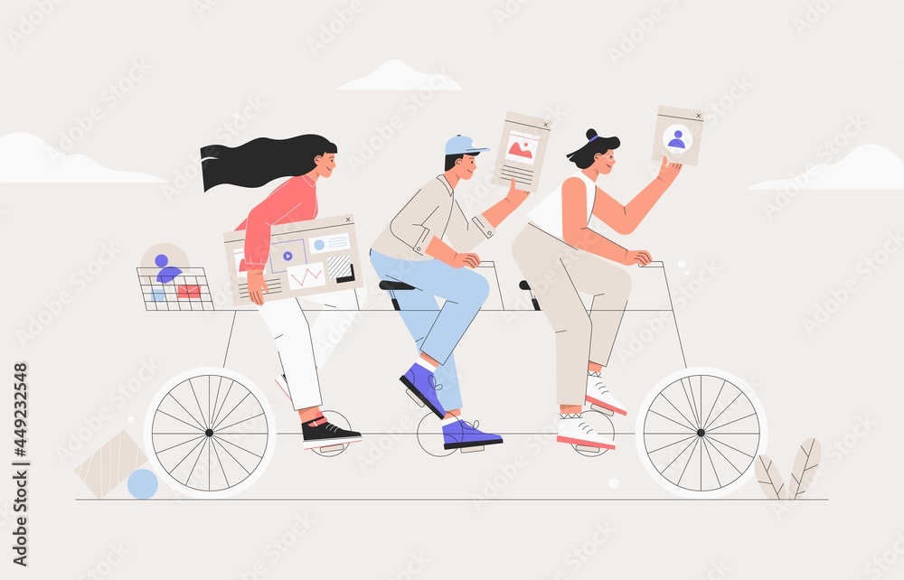 Business team riding tandem bicycle. Businessman and businesswoman ...