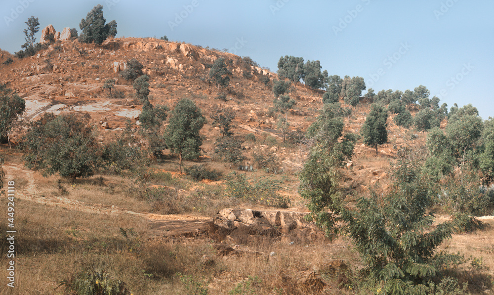 Dry hills and fields in the area of the Deccan plateau, India Stock ...