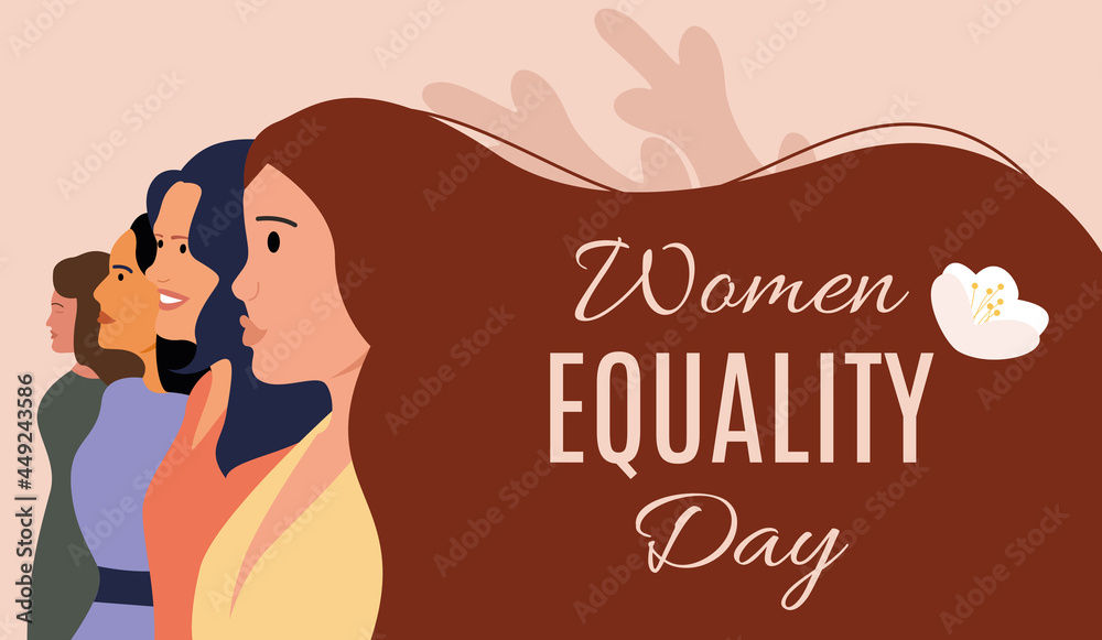 Congratulatory banner for women's day of equality. Women with long hair ...