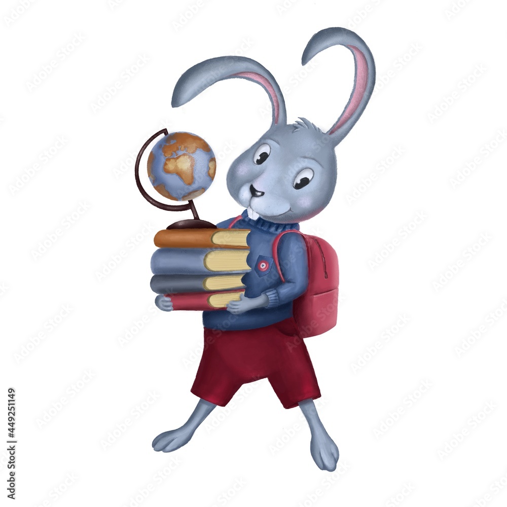 cute rabbit with books and the globe, back to school clipart, funny ...