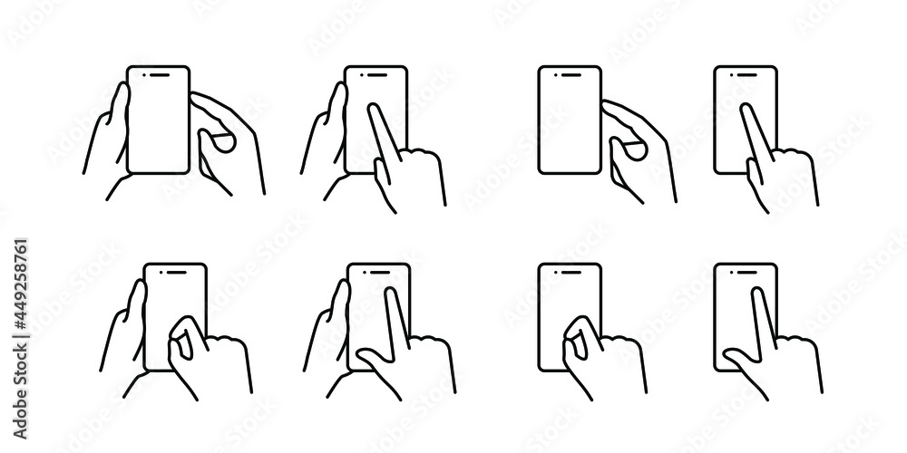 Set of touch screen gesture icons. Hand holding a phone. Pressing the ...