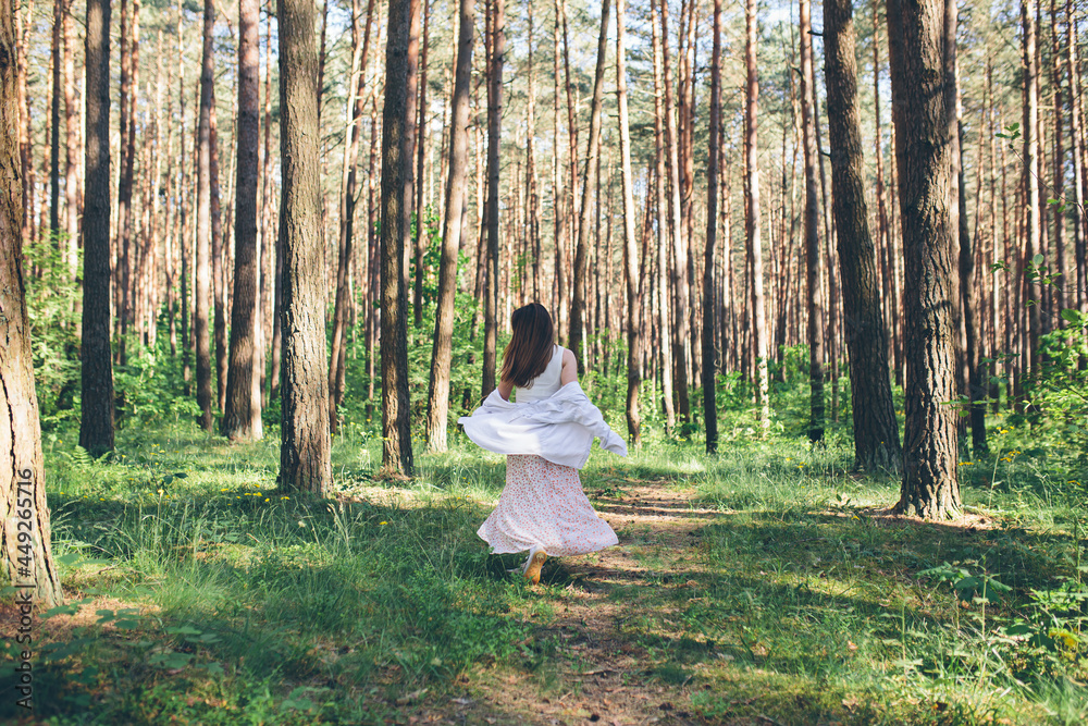 Fotka „young Beautiful Hippie Woman Walks In The Summer Forest Laughs