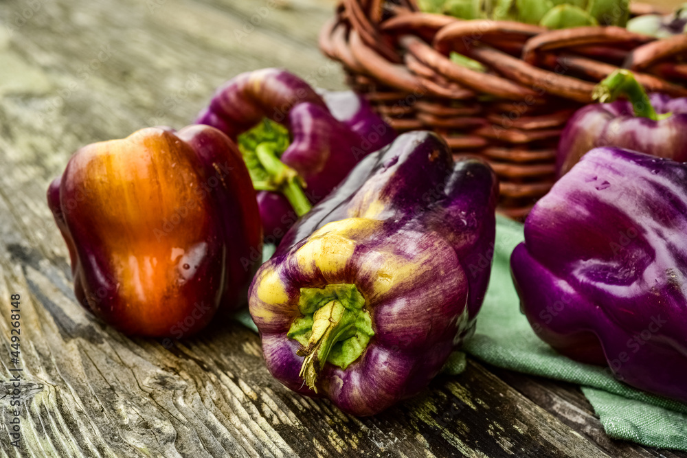 whole purple bell peppers naturally grown with streaks of yellows and ...