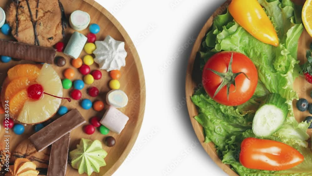Fruits and vegetables vs candy sweets and unhealthy food. Top view ...