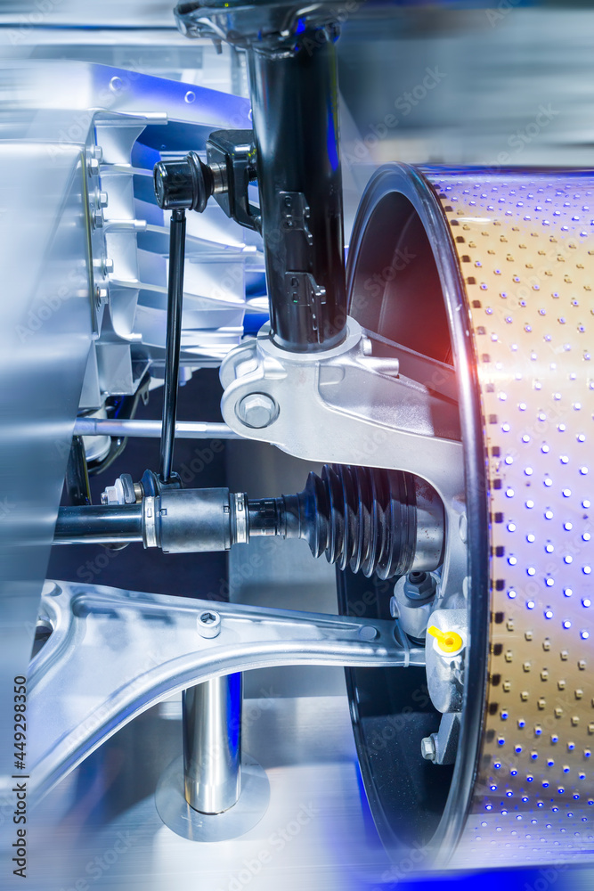 electric system of eco car front driving axle in the car, visible ...