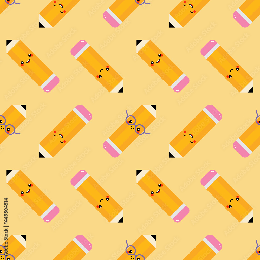 Cute cartoon style yellow pencil with eraser characters vector seamless ...