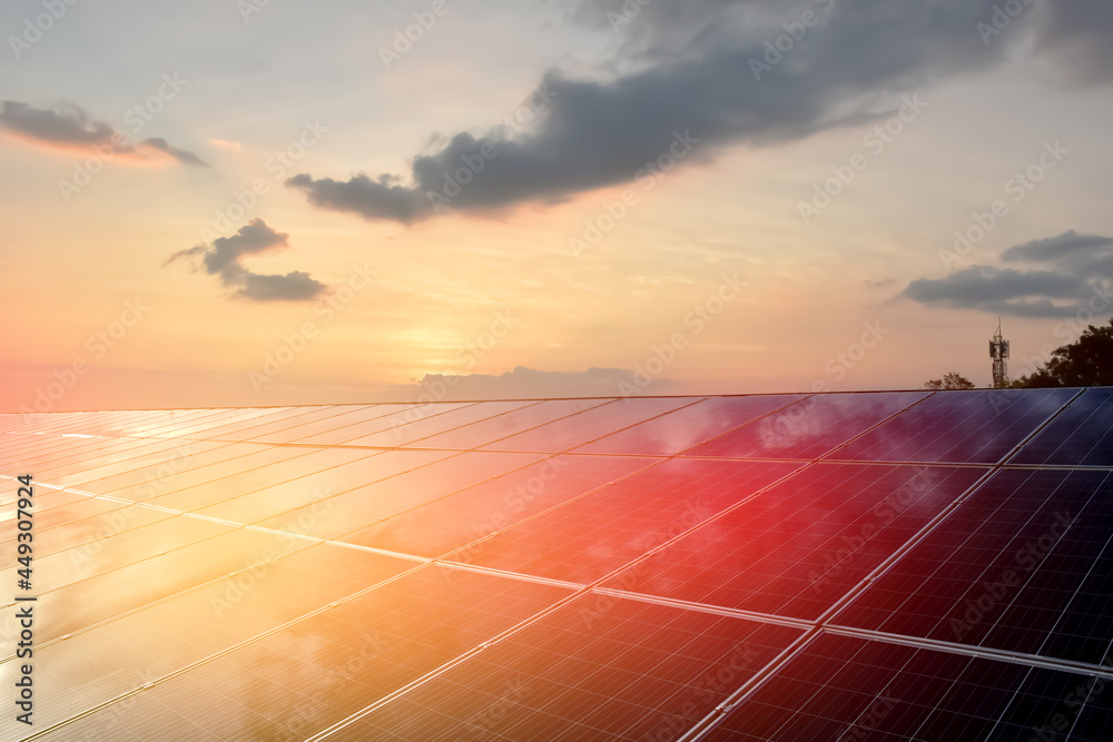 Photovoltaic panel with sunlight at noon background, concept for ...