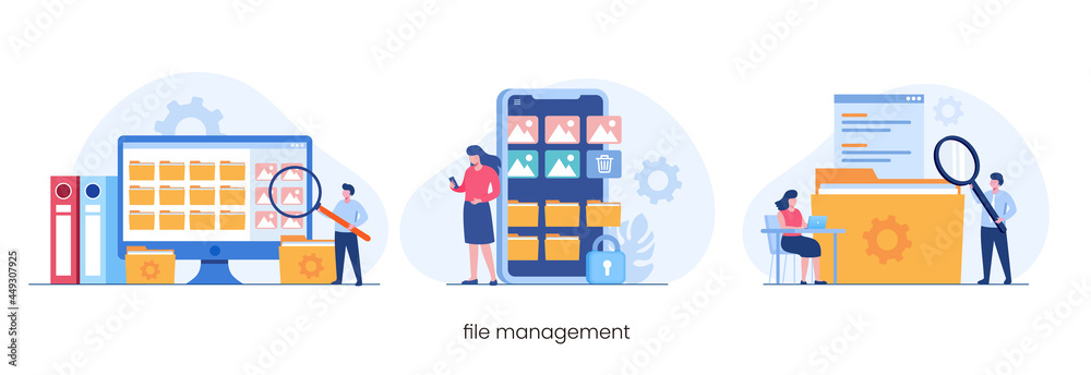 File management administration, data filing concept, flat illustration ...