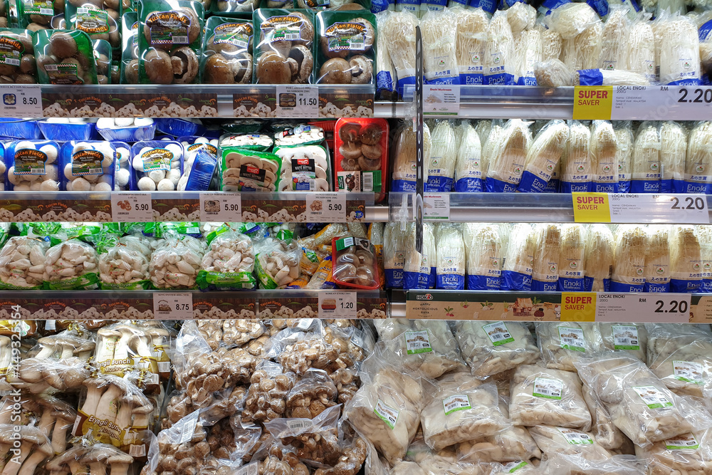 Interior view of the huge open refrigerator with various fresh ...