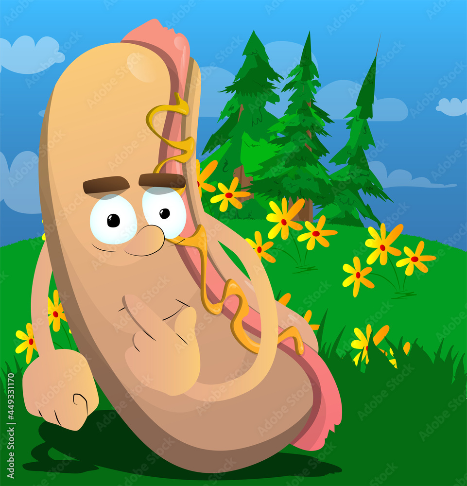 Hot Dog holding finger front of his mouth. American fast food as a ...