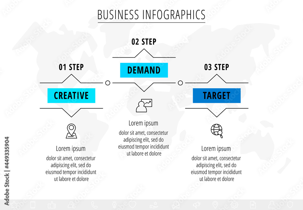 Fototapeta mapa świata dla dzieci Vector line infographics with three labels and arrows. Flat ...