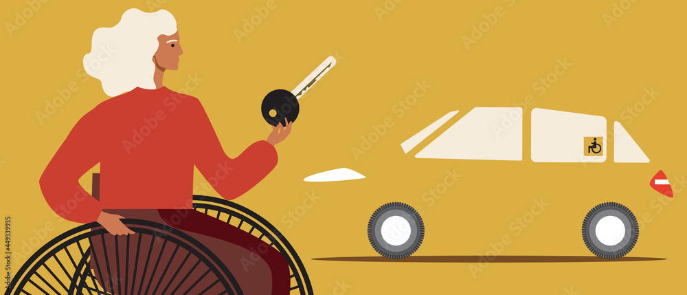 Disabled driver, wheelchair car, flat vector stock illustration with ...