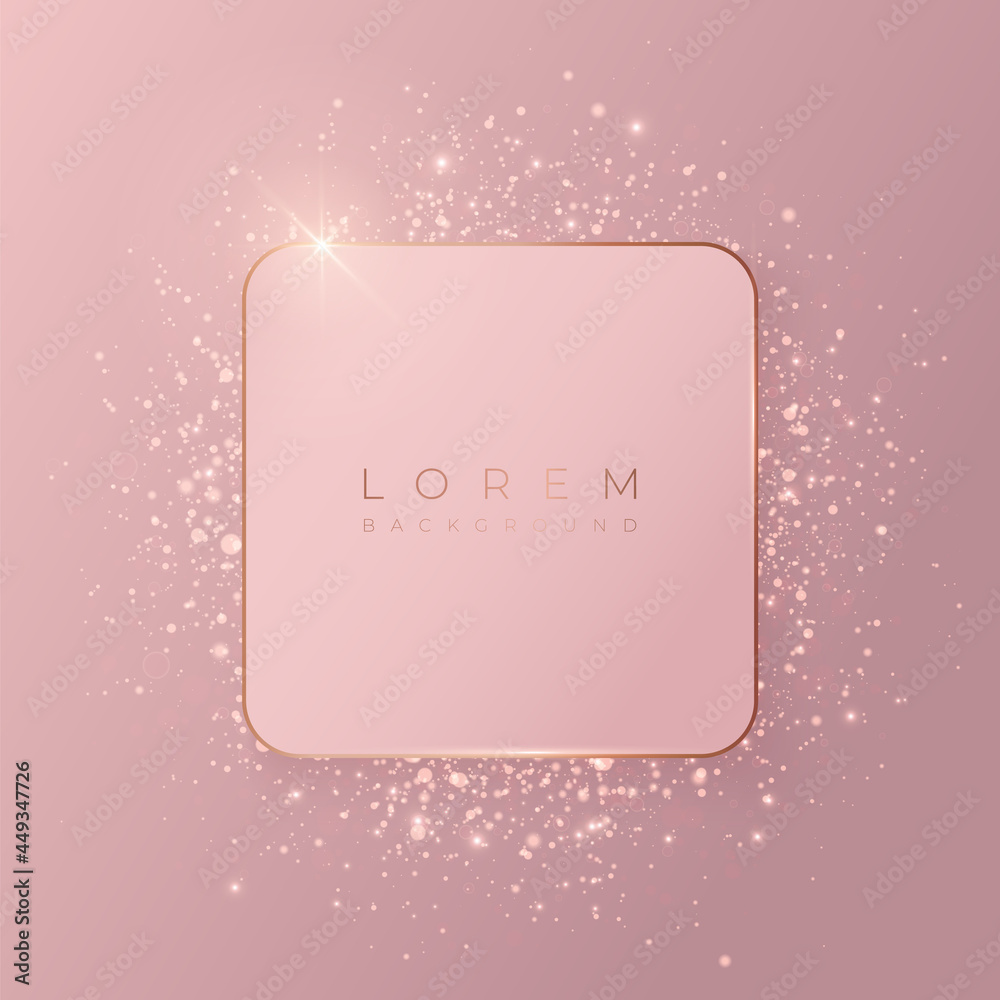 Pale pink square 3d background mockup shape with gold frame and shiny ...