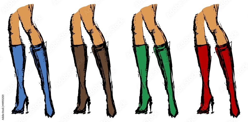 Rough freehand sketch of female legs wearing high heel knee boots. Set ...
