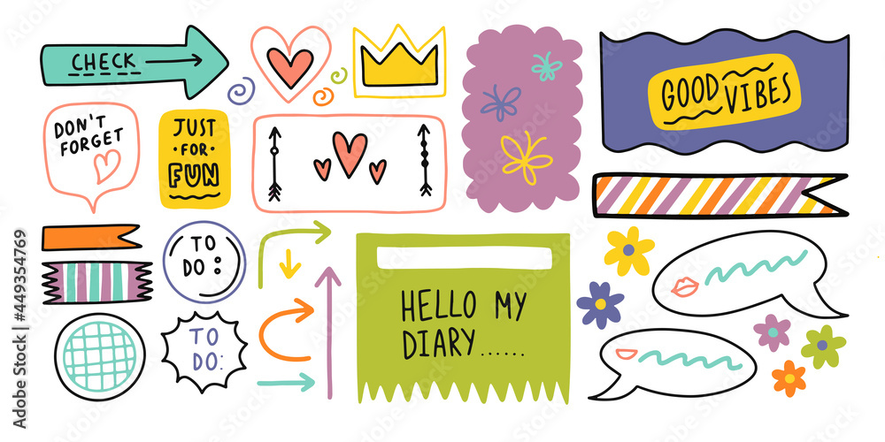 Diary bullet cute journal border elements. Note icon, sticker for ...