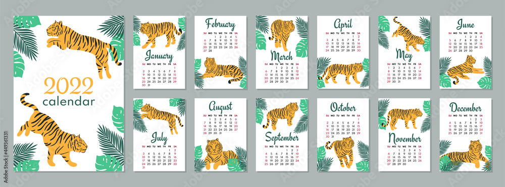 2022 calendar template. Calendar with symbol year, tiger. Week starts ...