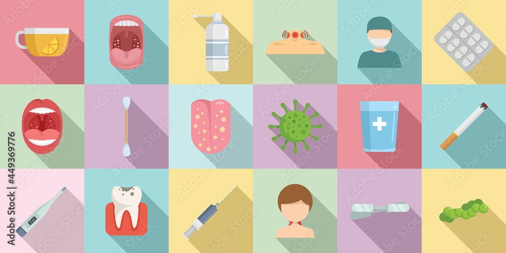 Tonsillitis icons set flat vector. Tonsil anatomy Stock Vector | Adobe ...