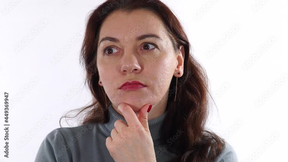 Scratching her chin hand sign. Woman using scratching her chin hand ...