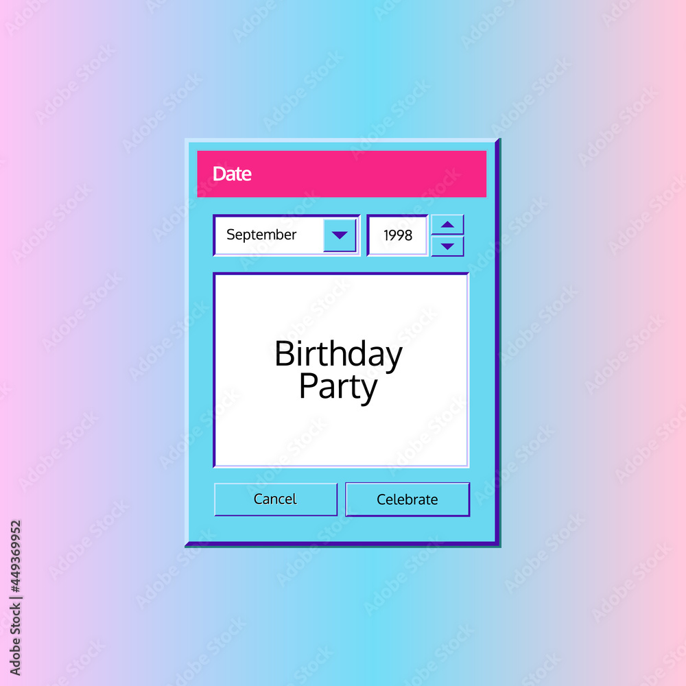 Old computer window. System message alert, neon window with icon and ...