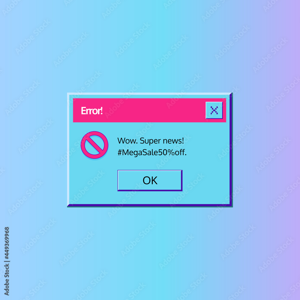 Old computer window. System message alert, neon window with icon and ...