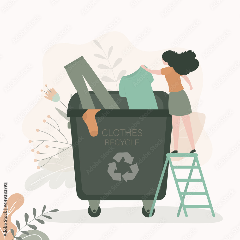 Girl puts t-shirt in container for recycling. Woman gives clothes ...