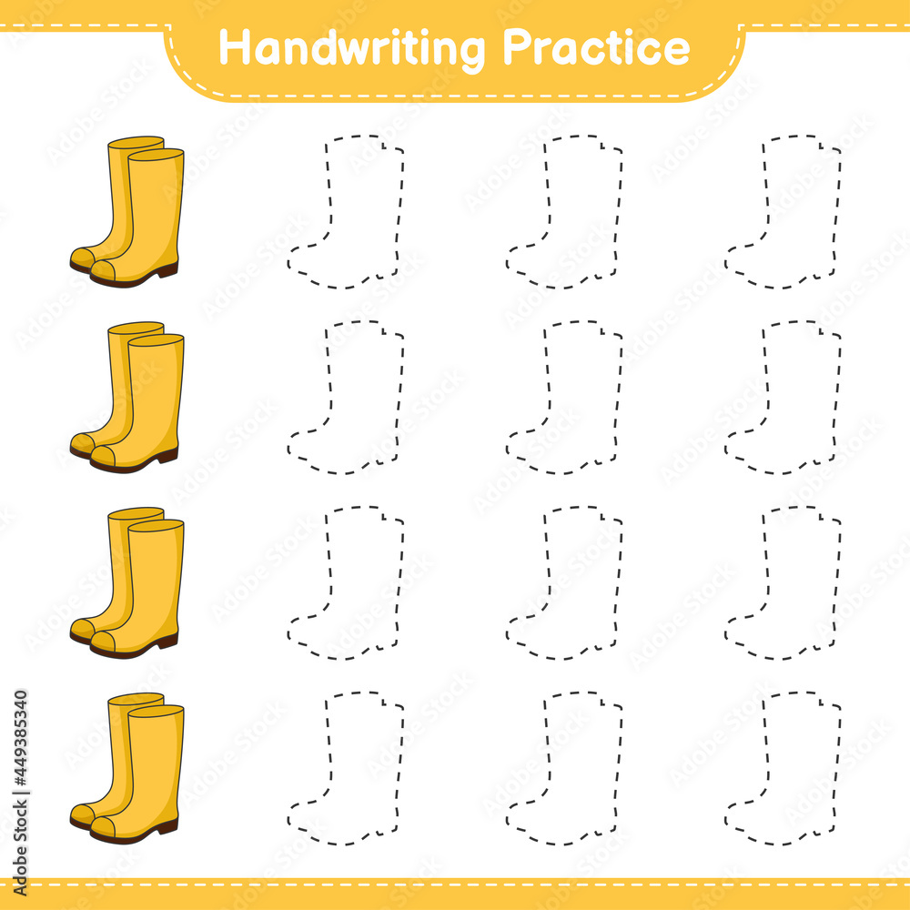 Handwriting practice. Tracing lines of Rubber Boots. Educational ...
