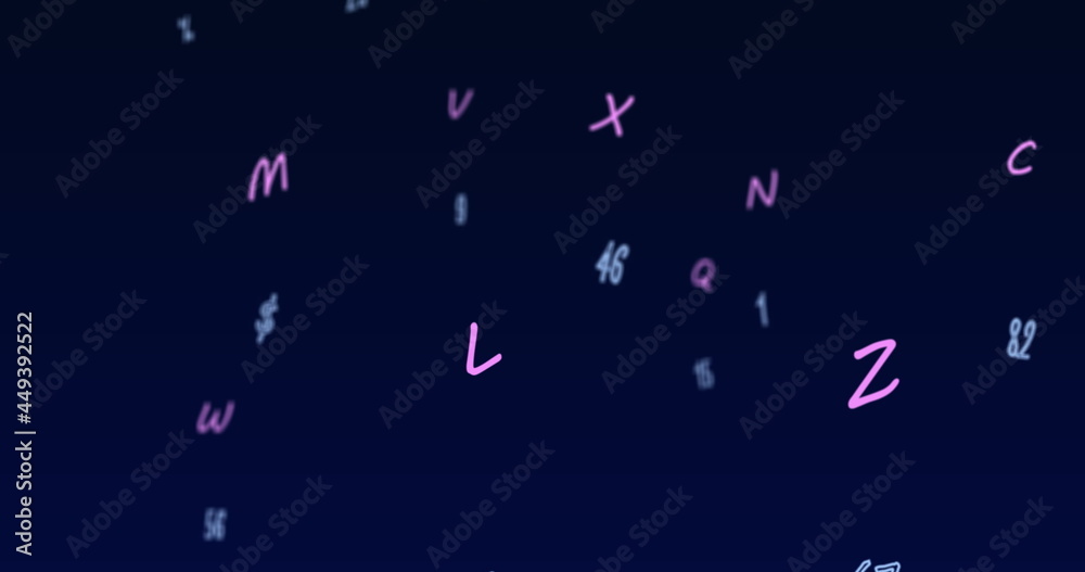 Digital image of multiple numbers and alphabets floating against blue ...