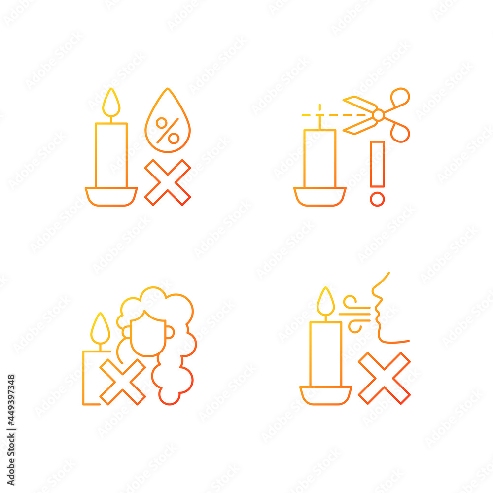 Candle safety warning gradient linear vector manual label icons set ...