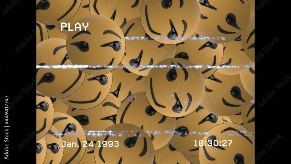 Digital animation of vhs glitch effect over multiple smirk face emojis ...