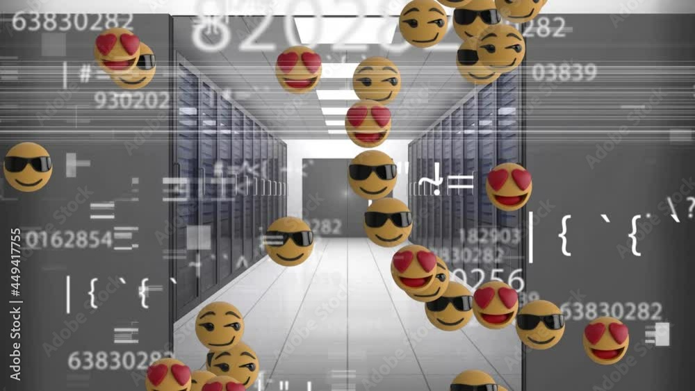 Digital animation of multiple changing numbers and face emojis floating ...