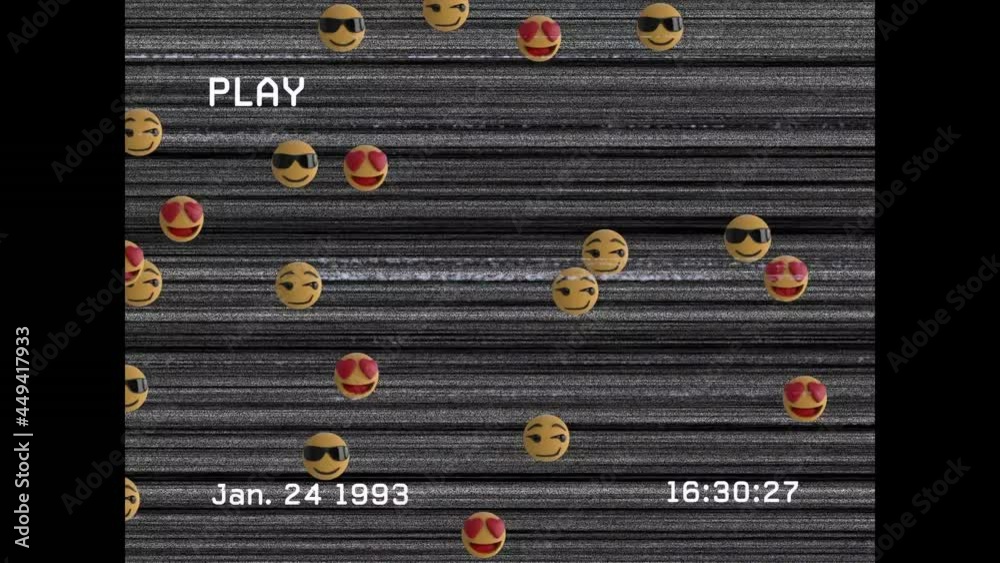 Digital animation of vhs glitch effect over multiple face emojis ...