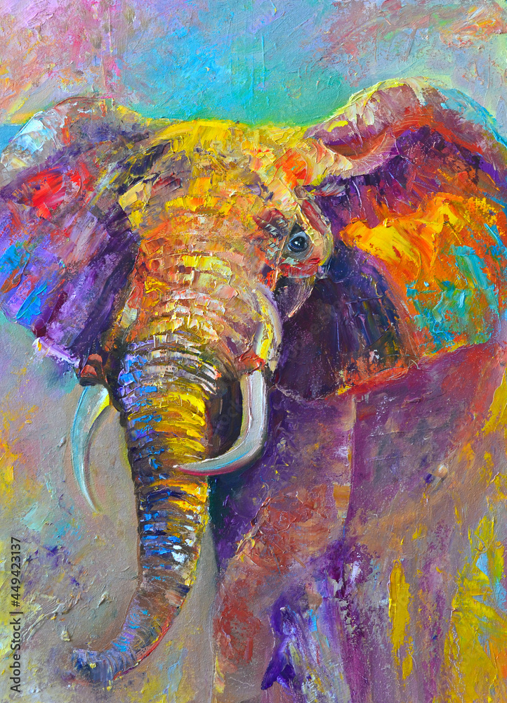 Original oil painting. Drawn multi-colored elephant. Contemporary ...