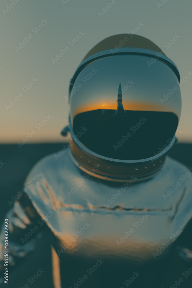 Astronaut in the spacesuit with the reflection of a rocket in the ...