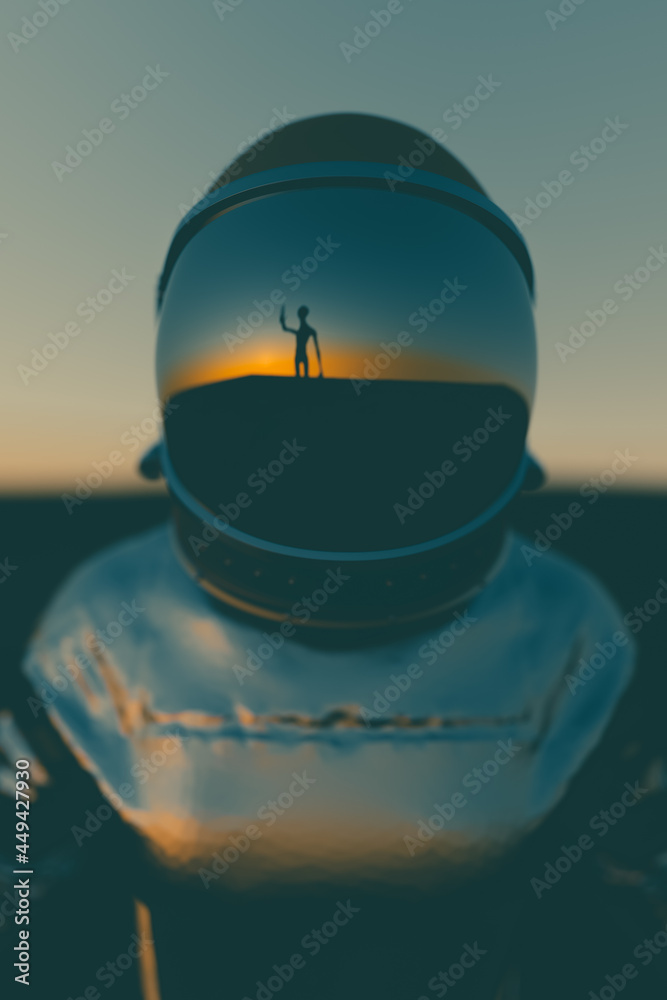 Astronaut in the spacesuit with the reflection of an alien in the ...
