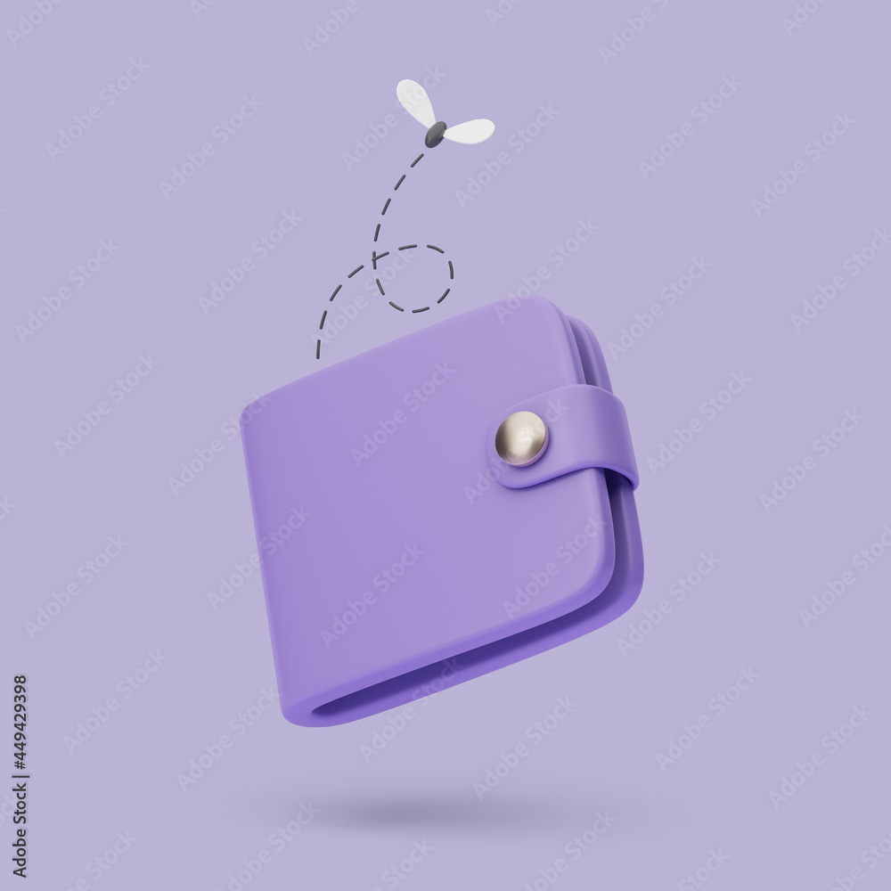 Empty wallet icon with fly. 3d simple render illustration on pastel ...