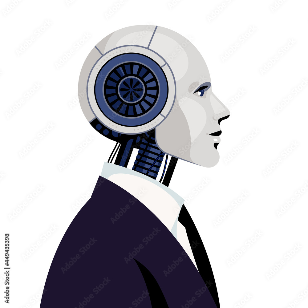 Cyborg. Male robot in black business suit. Concept of robotization, the ...
