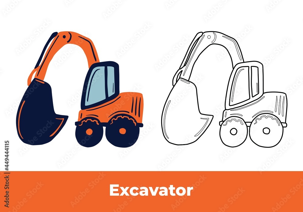 Coloring page and colorful clipart. Hand drawn excavator and black ...