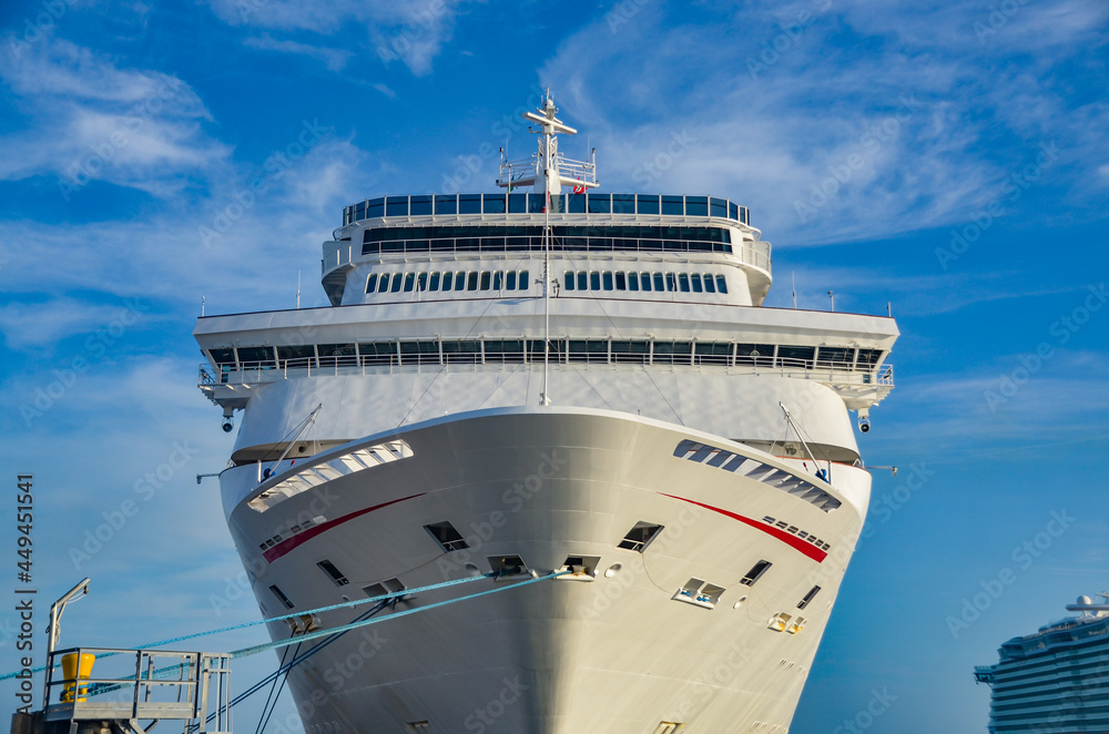 Bow angle of Cruise ship in port on clear day in summer Stock Photo ...