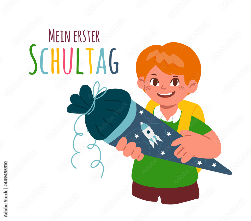 A firstgrader boy holding a school cone,schultuete.Text in German-my ...