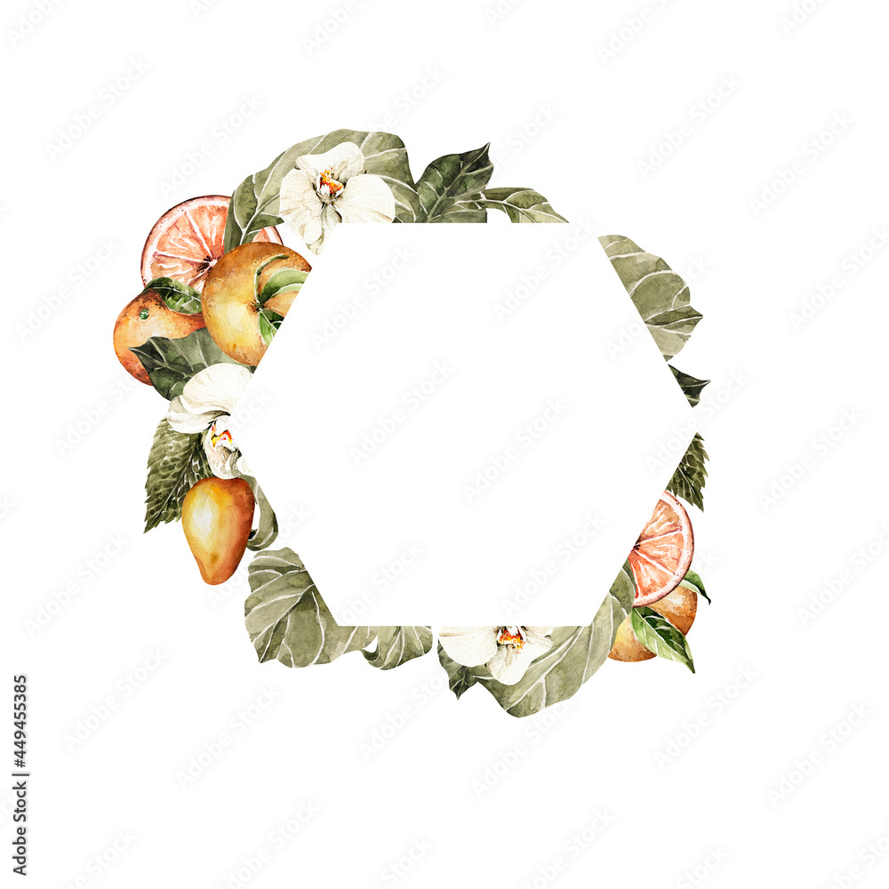 Watercolor floral farme. Hand painted wrath of tropical leaves, citrus ...