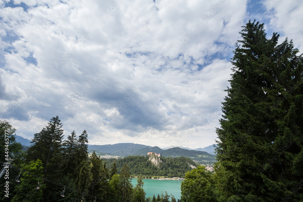 Panorama of the Bled lake, Blejsko Jezero, with its castle, Blejski ...