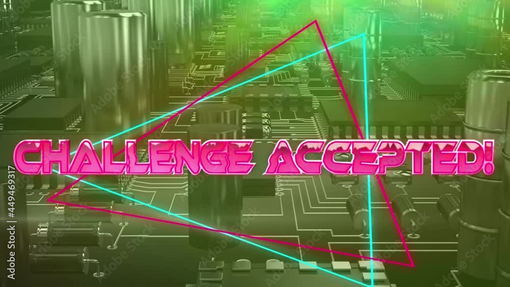 Challenge accepted text on neon triangles over close up of ...
