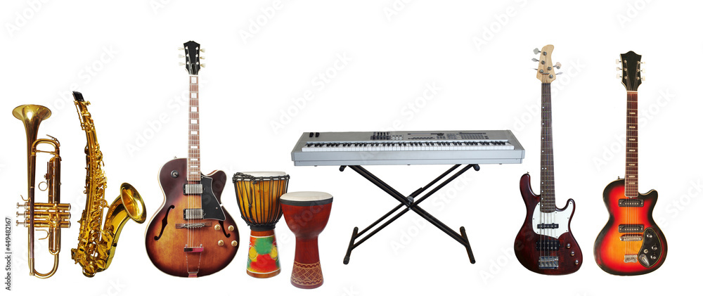 Set of musical instruments for a pop ensemble. Isolated on white. Stock ...