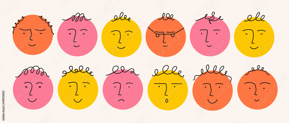 Round cartoon faces with different emotions, smiling, surprised ...
