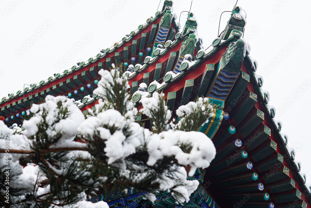Ancient Chinese buildings and trees in the winter,Ancient Chinese ...