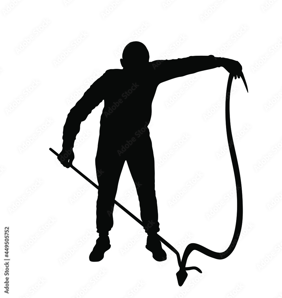 Brave man catching snake with stick vector silhouette illustration ...
