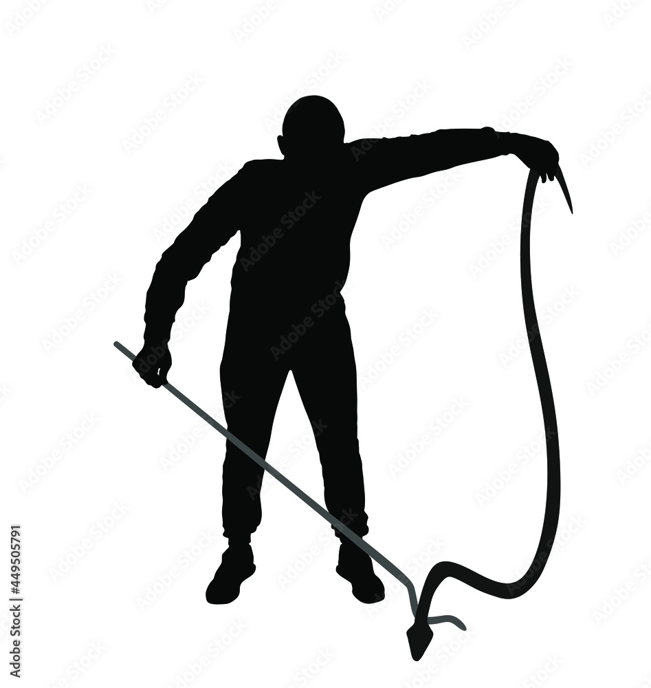 Brave man catching snake with stick vector silhouette illustration ...