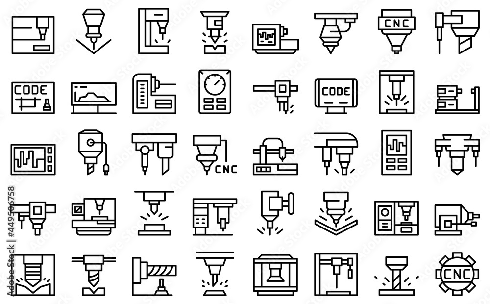 Cnc machine icons set outline vector. Mill controller. Industrial tool ...