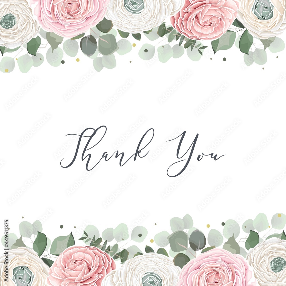 Vector floral template for a postcard. Thank you card. Pink and white ...