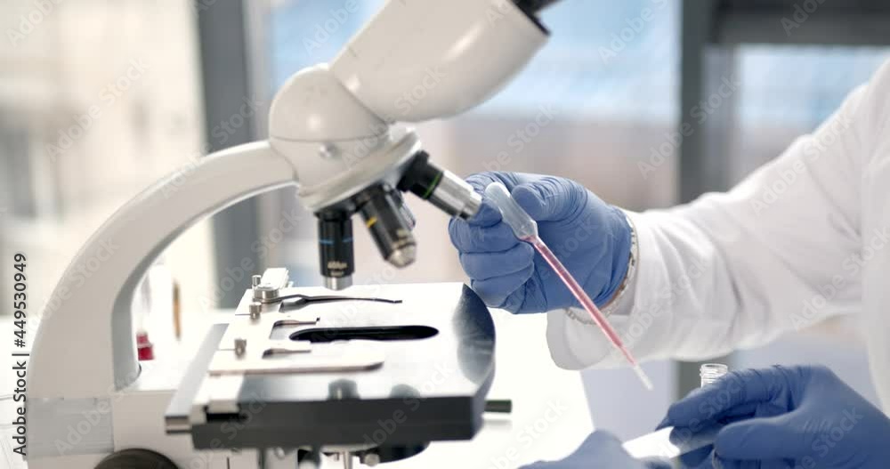 Unrecognizable lab worker inspecting blood sample under microscope ...